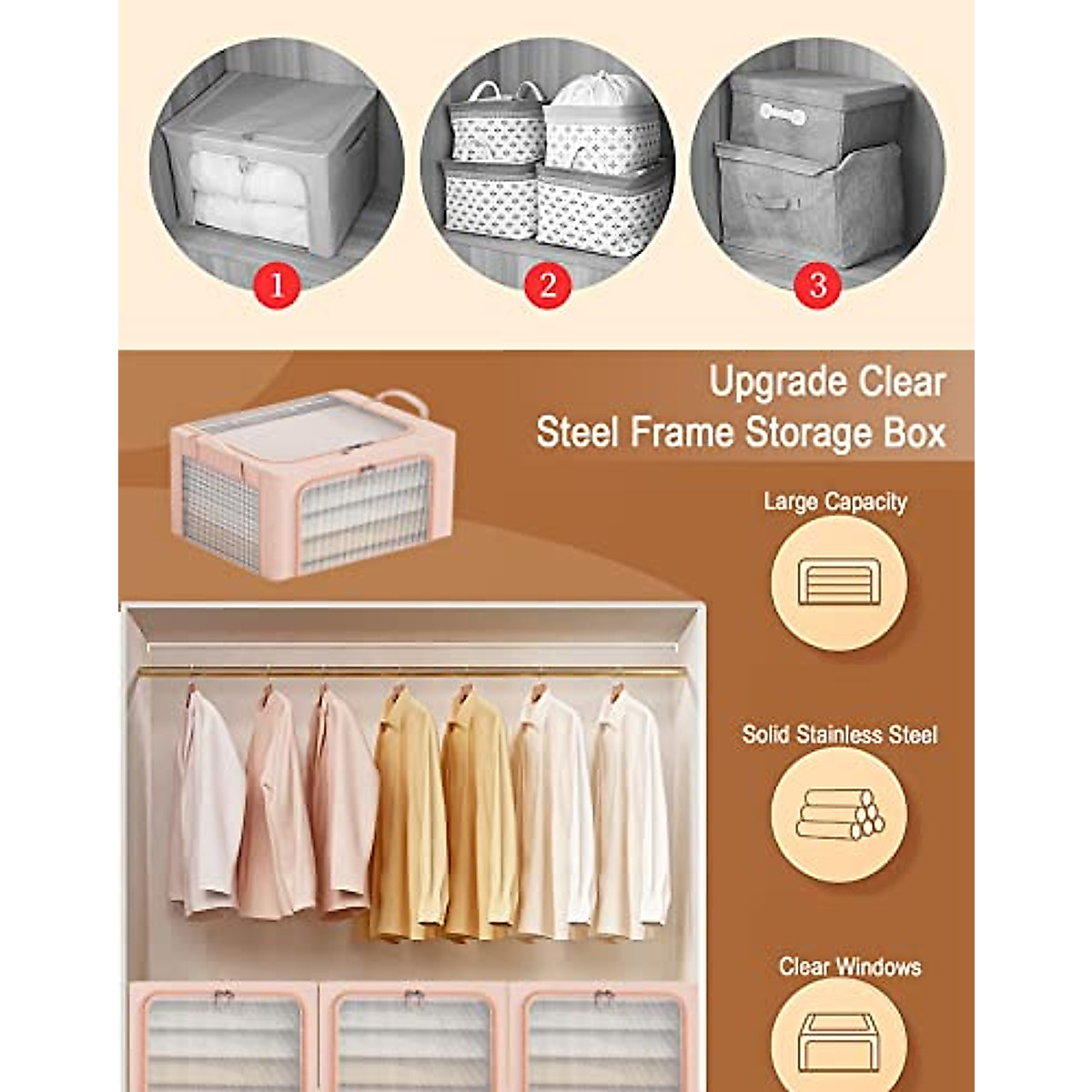 AARAINBOW Closet Clothes Organizer 3 Pcs, Stackable Storage Bins Steel Frame Storage Boxes with Lids Foldable Storage Container with Clear Window & Reinforced Handles, 24L (Gray green pink)