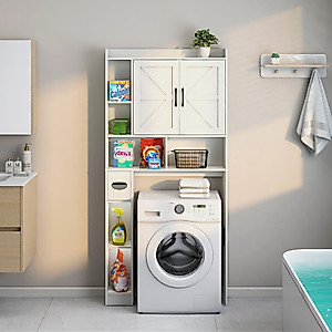 Over The Toilet Storage Cabinet, Farmhouse Storage Cabinet Over Toilet with 2 Barn Door & Toilet Paper Holder Stand，Home Space-Saving Toilet Rack, for Bathroom, Restroom, Laundry