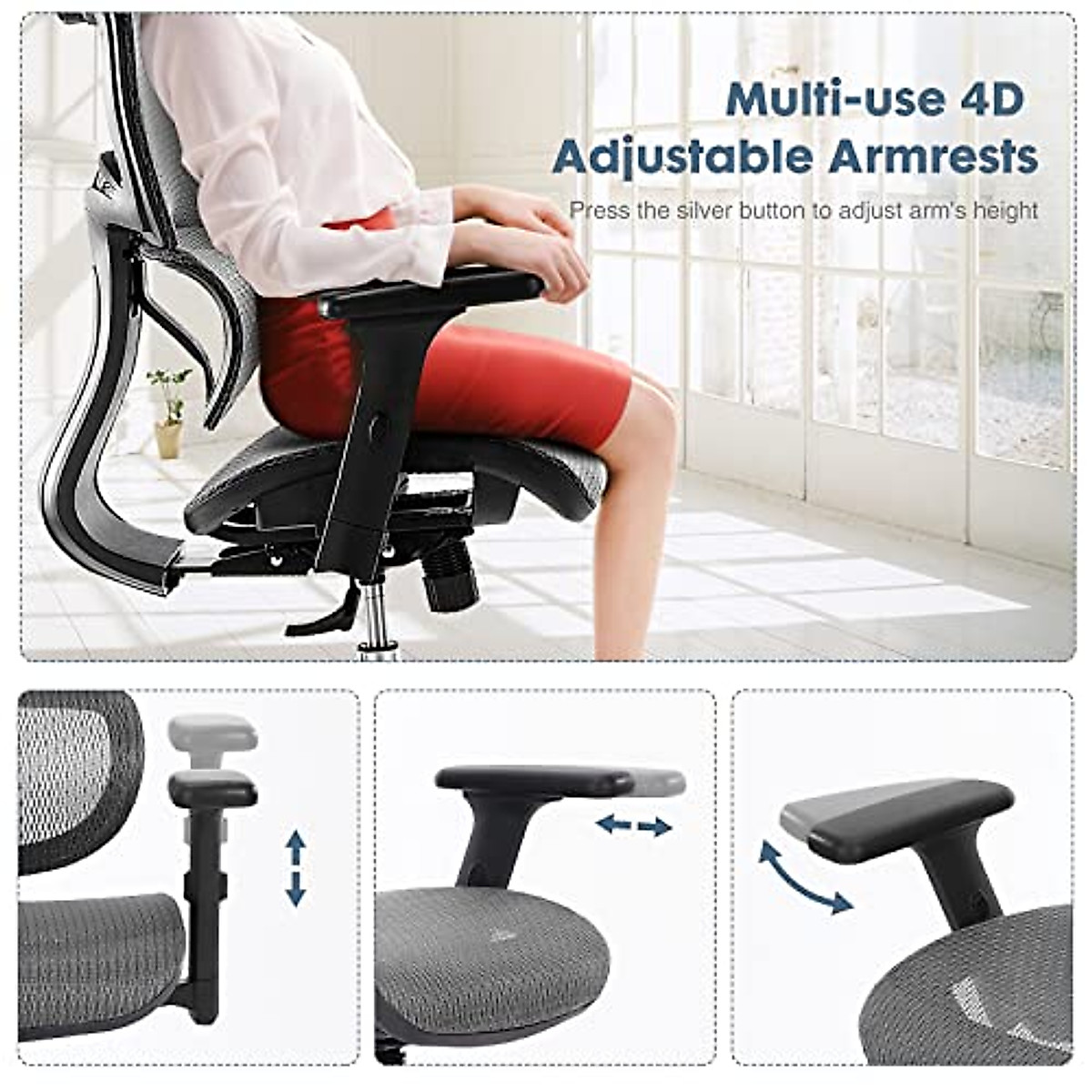Ergonomic Office Chair, High Back Desk Chair, Swivel Mesh Computer Task Chair with Dynamic Lumbar Support, Tilt Function, Executive Home Office Chair with 3D Adjustable Headrest and Armrests, Grey