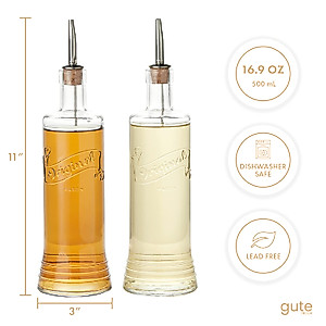 Mason Jar Oil and Vinegar Cruet Bottles - Set of 2-16.9oz - Authentic Original Olive Oil Glass Dispenser Set, Leak Free, Strong Stainless Steel Top with Weighted Pourer & Cork Base, Farmhouse Décor
