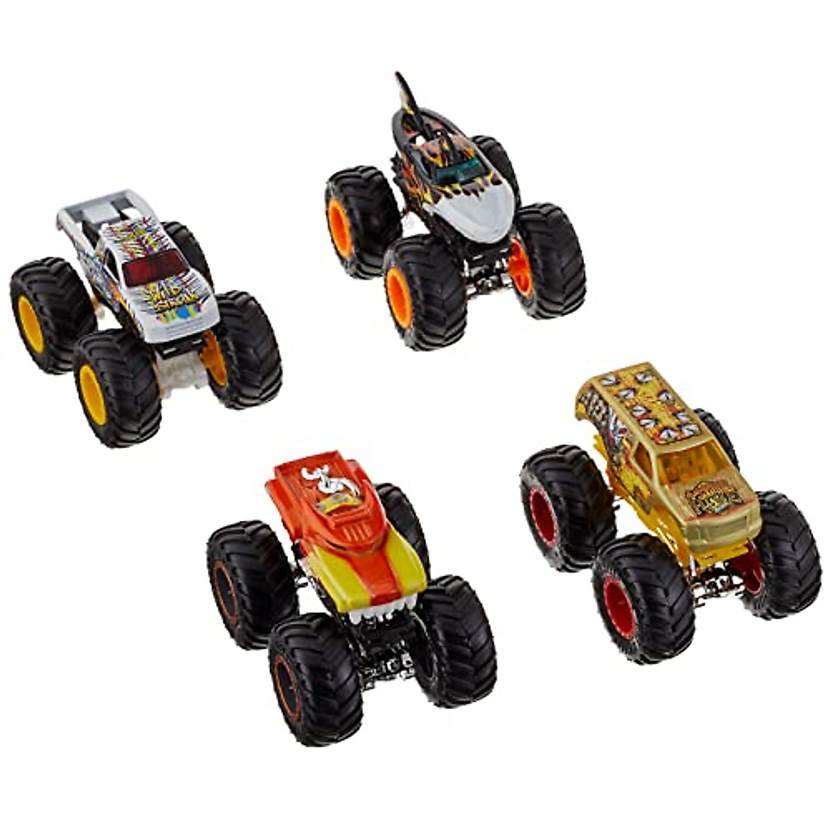 Hot Wheels Monster Trucks, 1:64 Scale Monster Trucks Toy Trucks, Set of 4, Giant Wheels, Favorite Characters and Cool Designs