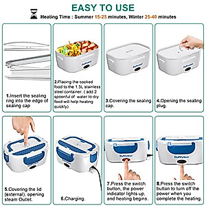 Ouhiyaur Electric Lunch Box Power Switch, Heated Lunch Boxes Adults, Dual Leak Proof Cover, 60W 110/12/24 Volt Portable Food Warmer, 1.5L 304 Stainless Steel Food Containers Trucker, Work, Home White