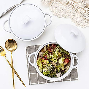 Bruntmor 20 Oz Round Soup Crock With Lid, Ceramic Serving White Soup Bowl With Large Loop Handle, White Ceramic bakeware with lid, French onion soup, Cereals, Oven and Dishwasher Safe- White