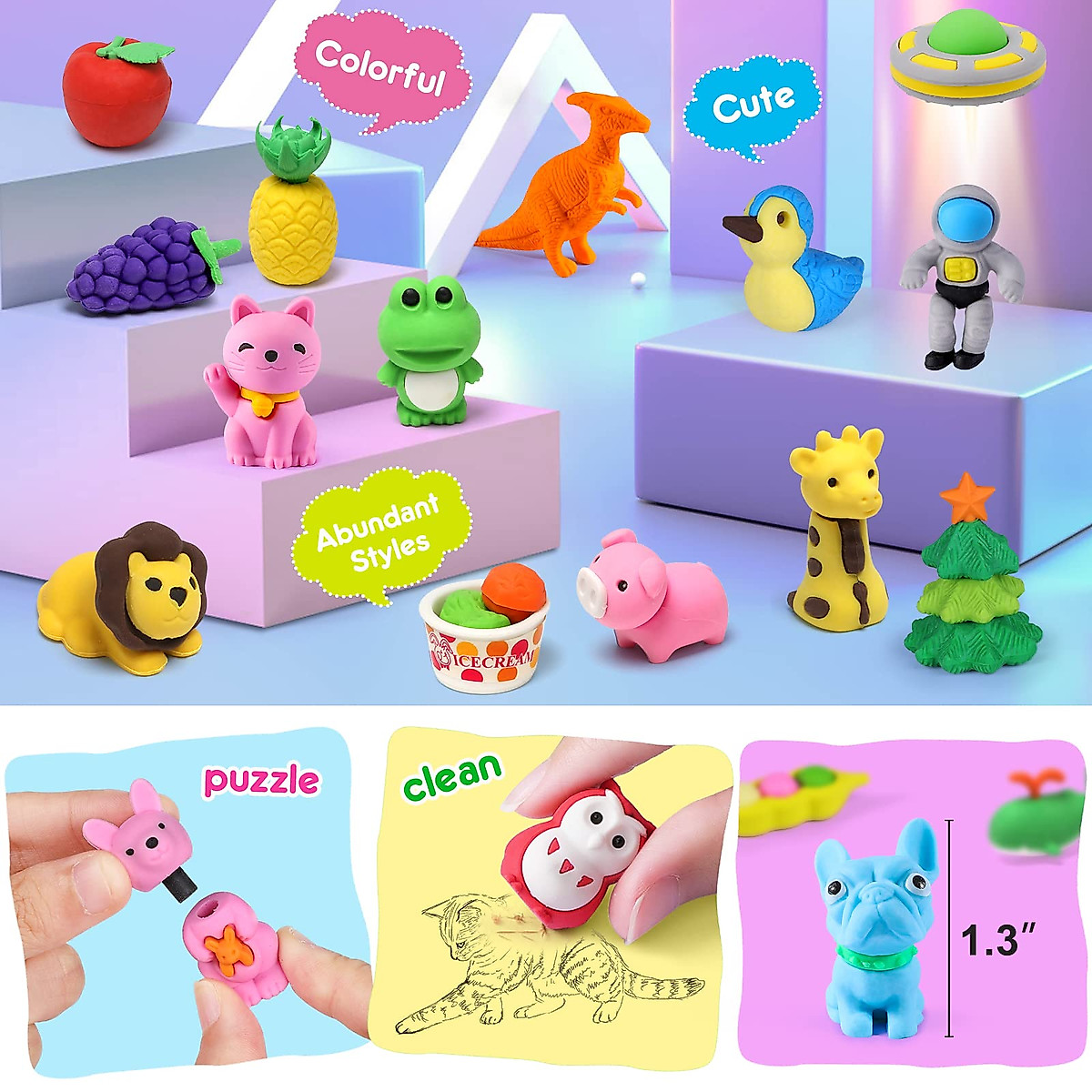Arscniek 110 Pack Animal Erasers for Kids Bulk, Cute Desk Pets Treasure Box Toys for Classroom Prizes Rewards, Mini Pencil Erasers Take Apart Erasers Back to School Supplies Gift for Boys Girls