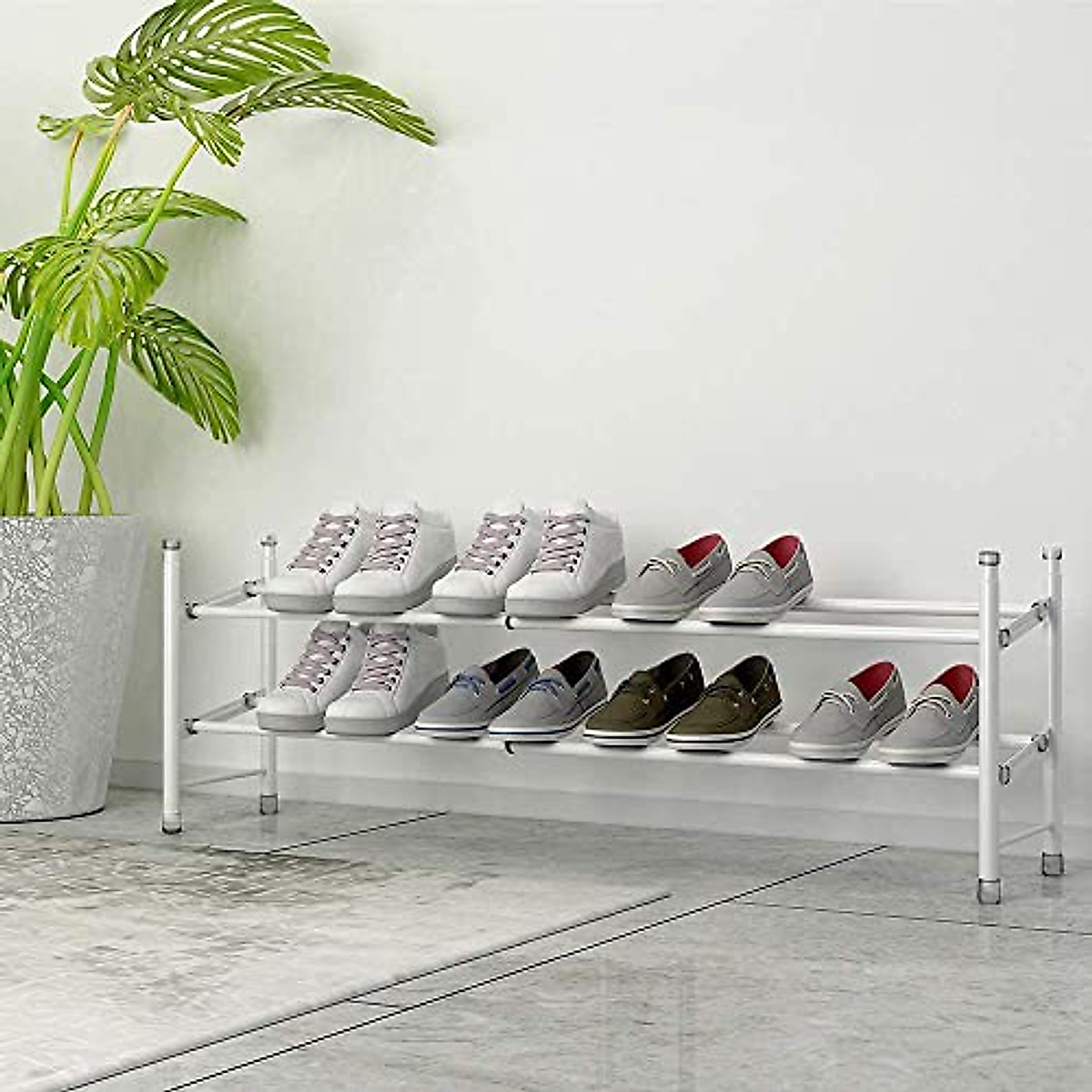 BNMGH 2-Tier Expandable Shoe Rack for Closet, Stainless Steel Freestanding Telescopic and Stackable Sturdy Durable 12-Pairs Storage Organizer Entryway Doorway 1pc (Silver)