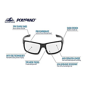 Bullhead Safety Glasses Pompano with Clear Anti Fog and Scratch Resistant Lenses, Polycarbonate Protective Eyewear with UV Protection, Comfortable and Lightweight, Matte Black Frame