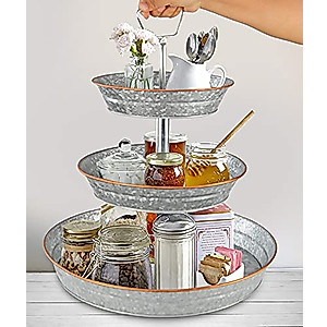 HOME-X Galvanized 3-Tier Stand, Rustic Home Decor, Farmhouse Kitchen Tray, Metal Fruit Stand and Dessert Stand, Tier Party Serving Tray, 17" D x 19 ½” H, Silver
