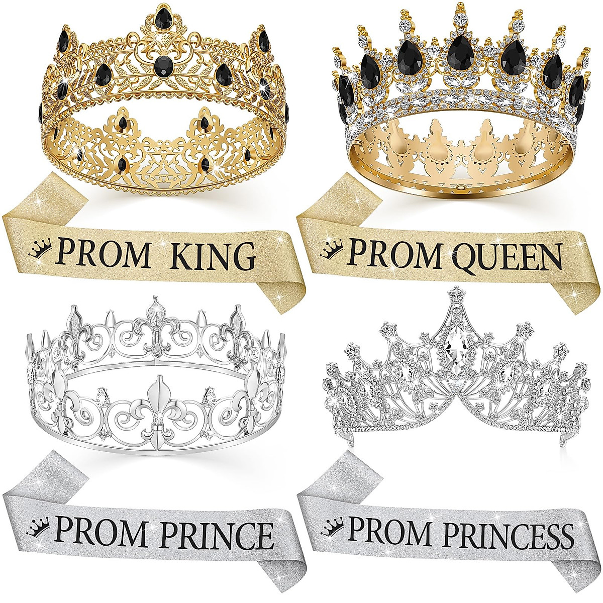 Hinly 8 Pcs Homecoming Prom Tiara Sash Set Prom King and Queen Crown Tiara Princess's and Prince's Royal Crowns Shiny Satin Sash for Homecoming Party Cosplay Favors(Exquisite)