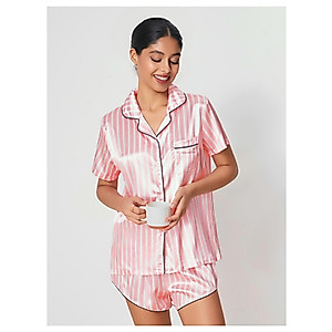 WDIRARA Women's Satin Sleepwear Short Sleeve Button Shirt and Shorts Pajama Set Silky PJ Striped Pink L