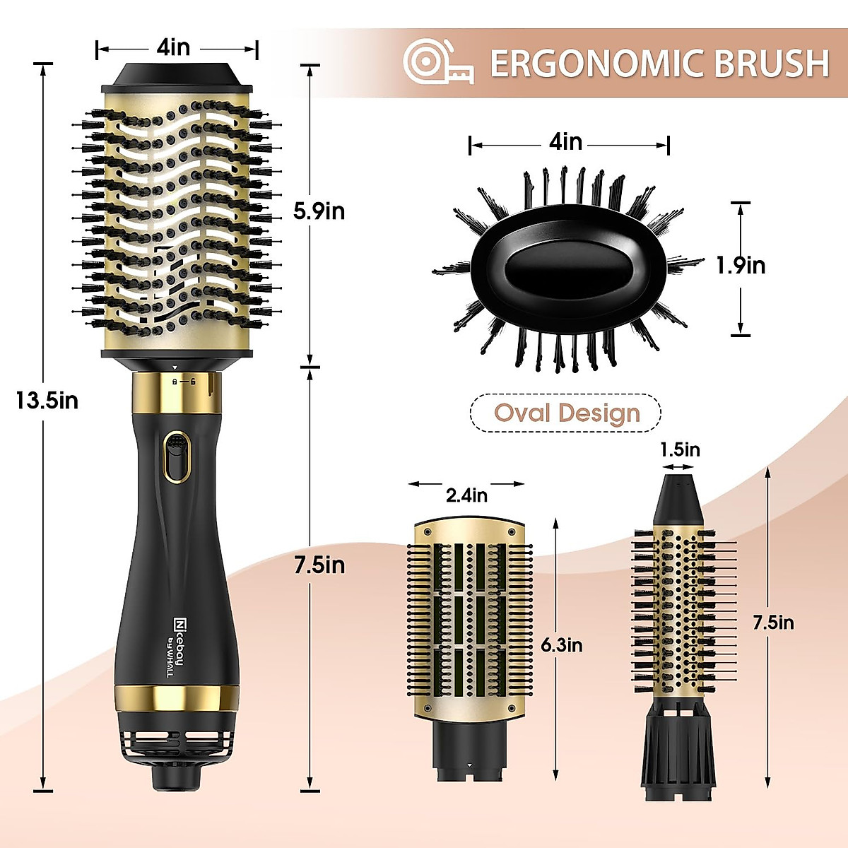 Nicebay® Hot Air Brush Set for Straightening, Drying, Curling - Oval Brush with Multi-Temperature Settings, Detachable Design for Salon