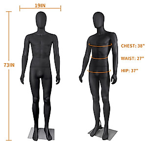 Full Body Male Mannequin Dress Form Manikin Body 73 Inches Adjustable Maniquins Dress Model Plastic Detachable Manequins Stand Metal Base Metal Connector, Black
