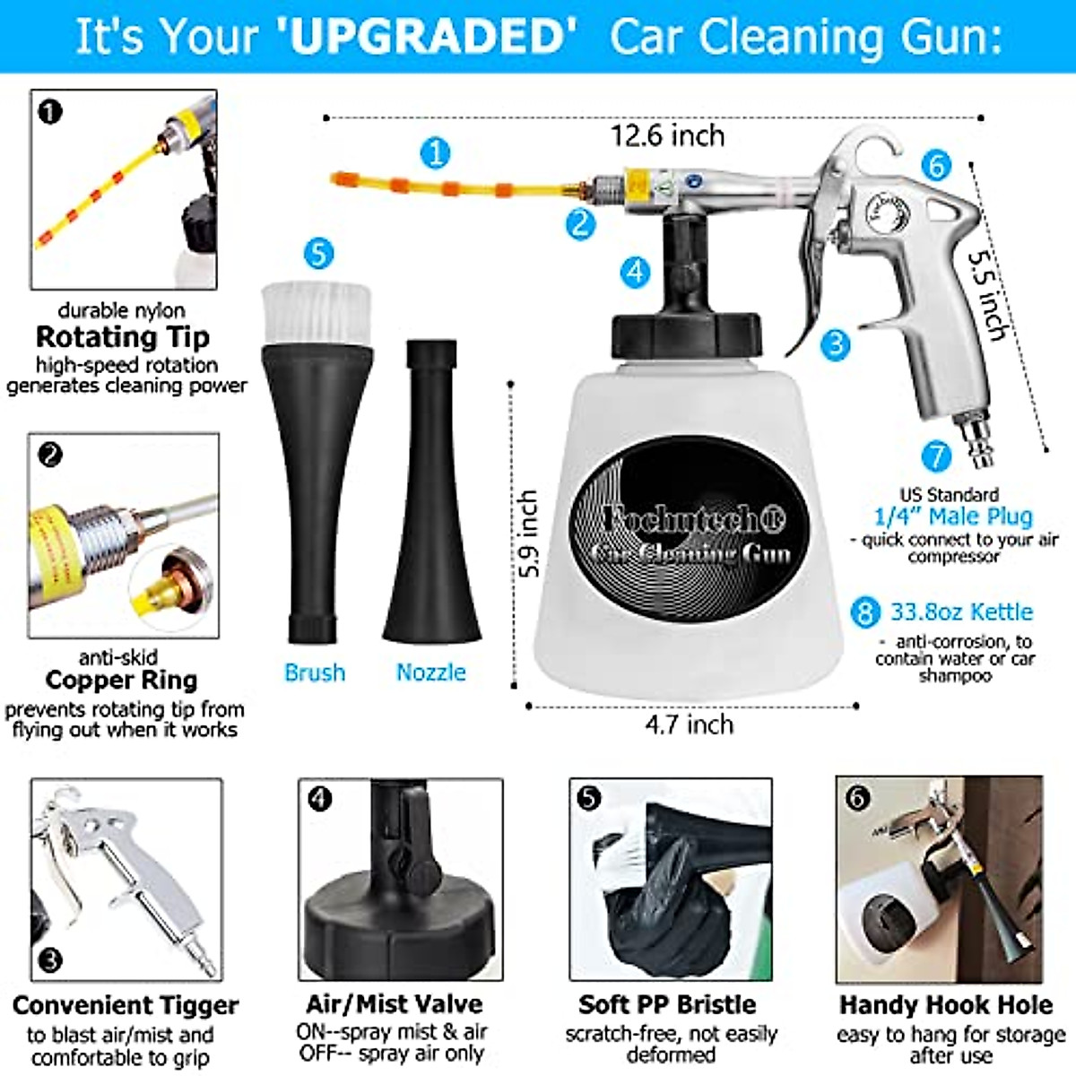 Fochutech Car Cleaning Kit, Car Detailing Kit Cleaning Gun Works with Air Compressor, Pro Auto Detailing Supplies Automotive Interior Deep Clean Stain Remover for Upholstery Carpet Seat Headliner