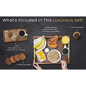Multifunctional Luxury Acacia Wood Tray Set - Modern, Rustic Wood Serving Tray with Handles for Indoor & Outdoor Use – Luxurious Giftable Bundle with Large & Small Wood Serving Board & 4 Coasters