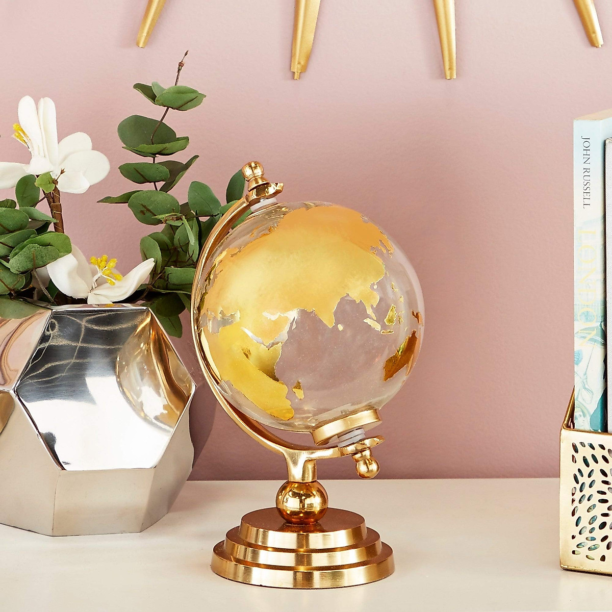 CosmoLiving by Cosmopolitan Aluminum Metal Globe with Tiered Base, 7" x 6" x 10", Gold