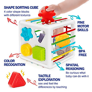 Baby Toys 6 to 12 Months, 5 In 1 Montessori Toys for 1 Year Old, Incl Travel Pull String Toy & Shape Sorter & Stacking Baby Block & Soft Infant Ring & Sensory Ball for Toddler 0-3-6-9-12 Month