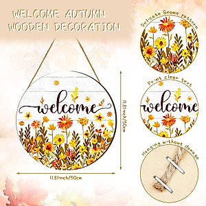Thanksgiving Floral Door Sign Decor Hello Fall Front Door Sign Thanksgiving Floral Welcome Hanging Plaque Rustic Autumn Round Hanging Sign for Outdoor Porch Home Decoration