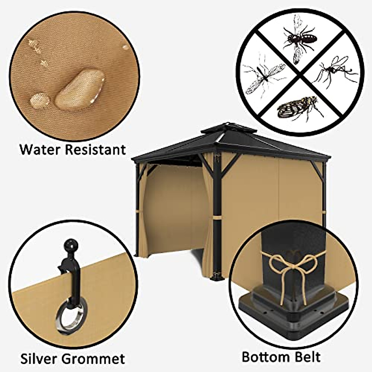 PROTUNE OUTDOORS 12-ft x 12-ft Gazebo Curtains,Privacy Sidewall Set 4-Panel Universal Replacement Shade Curtains Set,Protecting Side Walls (Only Curtain)-Khaki