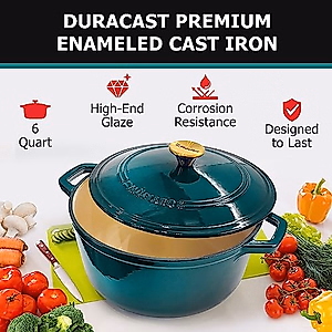 Mueller DuraCast 6 Quart Enameled Cast Iron Dutch Oven Pot with Lid, Heavy-Duty, Braiser Pan, Stainless Steel Knob, for Bread Baking, Braising, Stews, Roasting, Safe across All Cooktops, Emerald