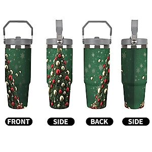 BWQJKUO Large Capacity Car Cup 30 Oz Stainless Steel Round Ball Christmas Tree Printed Travel Mug Leak-proof Flip Straw Tumbler with Handle,keeps Cold Or Ho