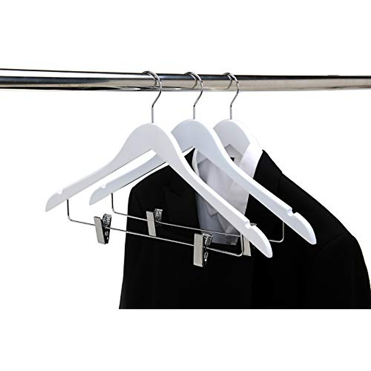 Quality Wooden Skirt Hangers with Clips, 10-Pack Smooth Solid Wood Pants Hangers with Durable Adjustable Metal Clips, Swivel Hook, Coat, Jacket, Blouse Suit Hangers (White, 10)