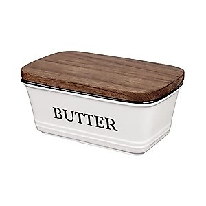 Butter Dish with Lid for Countertop - Large Ceramic Butter Container Holder with Acacia Wooden Lid for Counter - For Modern Kitchen Decor and Accessories - White