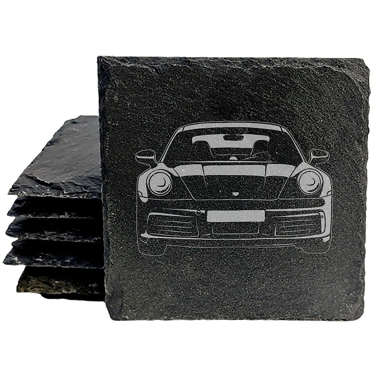 Premium Slate Coasters Set with Laser-Etched Porsche 911 Design | Stylish Drink Mats for Home & Car Enthusiasts - Square Slate - set of 6