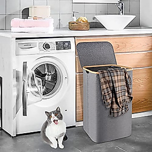Large Laundry Basket with Lid - Collapsible Laundry Basket with Bamboo Handles, 100L Laundry Hamper for Clothes and Toys Storage, Hampers for Laundry with Inner Bag for Bathroom, Bedroom Grey