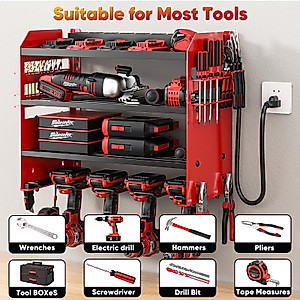 POKIPO Power Tool Organizer Wall Mount with Charging Station,Tool Storage Rack with 8 Outlet Power Strip,Heavy Duty Metal Battery Utility Rack with 4 Cordless Drill Holder 6.56 Ft Cord for Garage