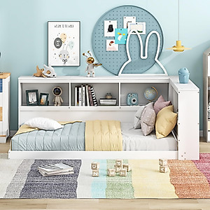 Harper & Bright Designs Twin Size Daybed, Wood Twin Bed Frame with L-Shaped Bookcases and USB Ports,Twin Floor Sofa Bed for Kids Room, Bedroom, Living Room,White