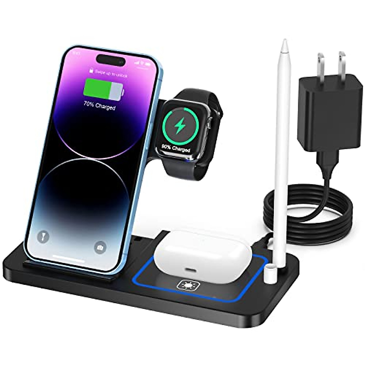 Wireless Charging Station for Apple Multiple Devices - 4 in 1 Charger Station Stand Dock for Apple Watch Series 7 6 SE 5 4 3 2 & Airpods Apple Pencil iPhone 13 12 11 Pro X XR 8 iwatch with Adapter