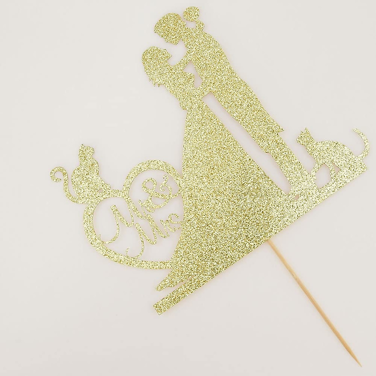 Mr and Mrs Cake Topper, Bride and Groom with Cats Silhouette Wedding Cake Decors, Cats Pet Party Decorations, Gold Glitter