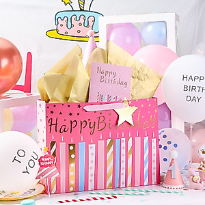 MAYPLUSS 16" Birthday Large Gift Bag with Greeting Card and Tissue Paper for Birhtday - Pink Gold Foil Candle Design