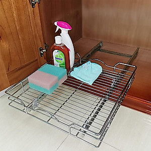 Pull Out Cabinet Organizer（14"W x 18"D x 5"H ), Heavy Duty Pull Out Shelves for Kitchen Cabinets, Chrome Finish