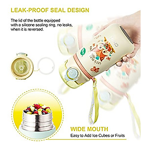 TKK Kids Insulated Water Bottle 16 oz Double Wall Vacuum Stainless Steel Thermos with Leak Proof Straw Lid & Strap Handle & Sticker (Yellow)