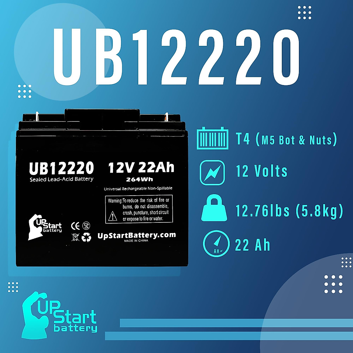Replacement for SEALAKE FM12170 Battery - Replacement UB12220 Universal Sealed Lead Acid Battery (12V, 22Ah, 22000mAh, T4 Terminal, AGM, SLA)