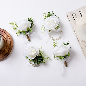 Senseya Wrist Corsage Wristlet Band Bracelet for Girls Women Bride Bridesmaid, Corsages Wristlet Artificial Silk Roseboutonniere Hand Flower Prom Decor (2 Boutonniere & 2 Wrist Corsage White)