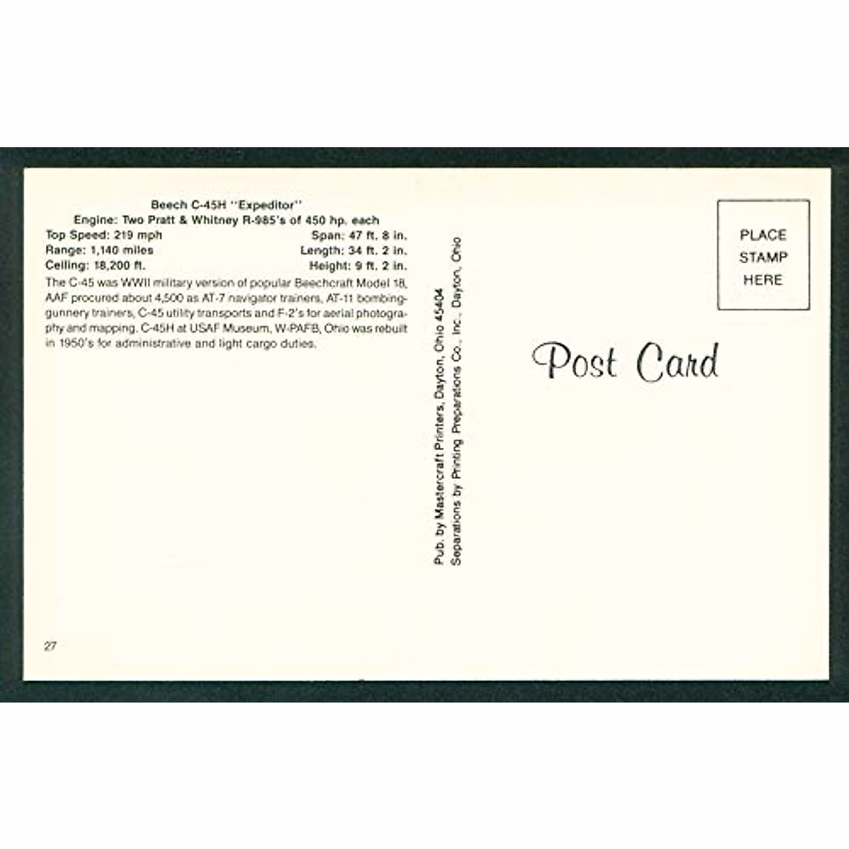 Beech C-45 Expeditor WWII Beechcraft Military Aircraft USAF Postcard