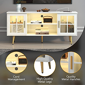 LVSOMT Modern TV Stand with Storage, Entertainment Center Cabinet for Living Room, Media Console with 24 Color Lights (Pearl White - RGB)