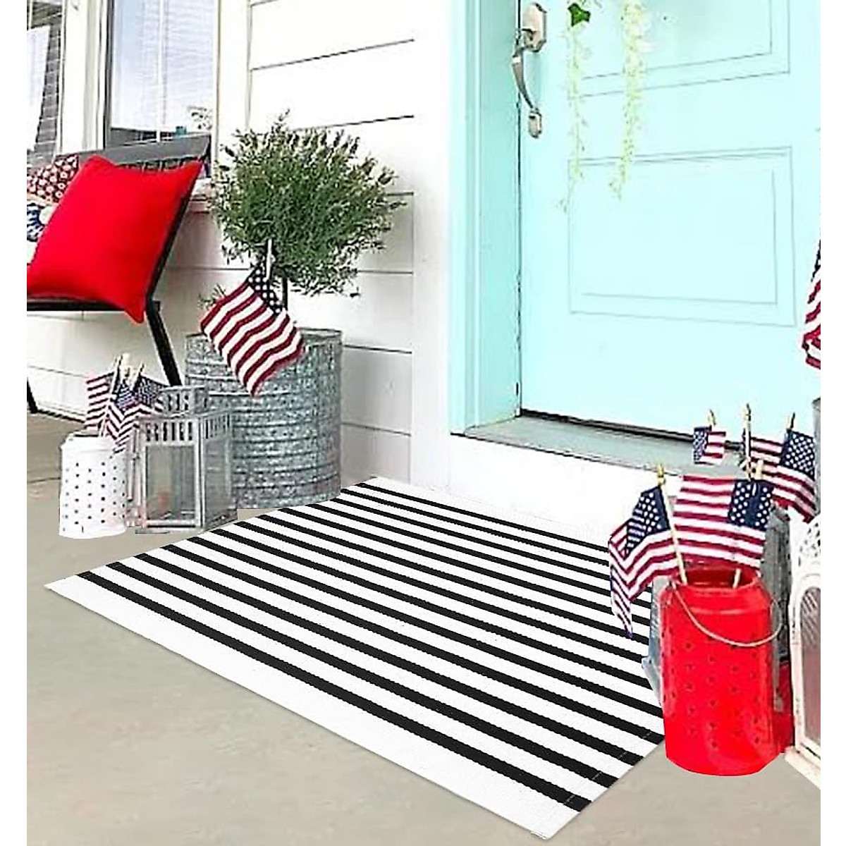 Layered Door Mat Black and White Striped Doormat 24'' x 35'' Front Porch Rug Machine Washable Indoor Outdoor Rug for Front Porch Hand-Woven Entryway Rug for Laundry/Bathroom/Bedroom