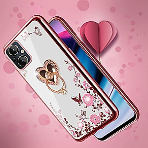 B-wishy OnePlus Nord N20 5G Glitter Case - Slim TPU Luxury Butterfly Floral Design, Kickstand, Strap (Rose Gold)