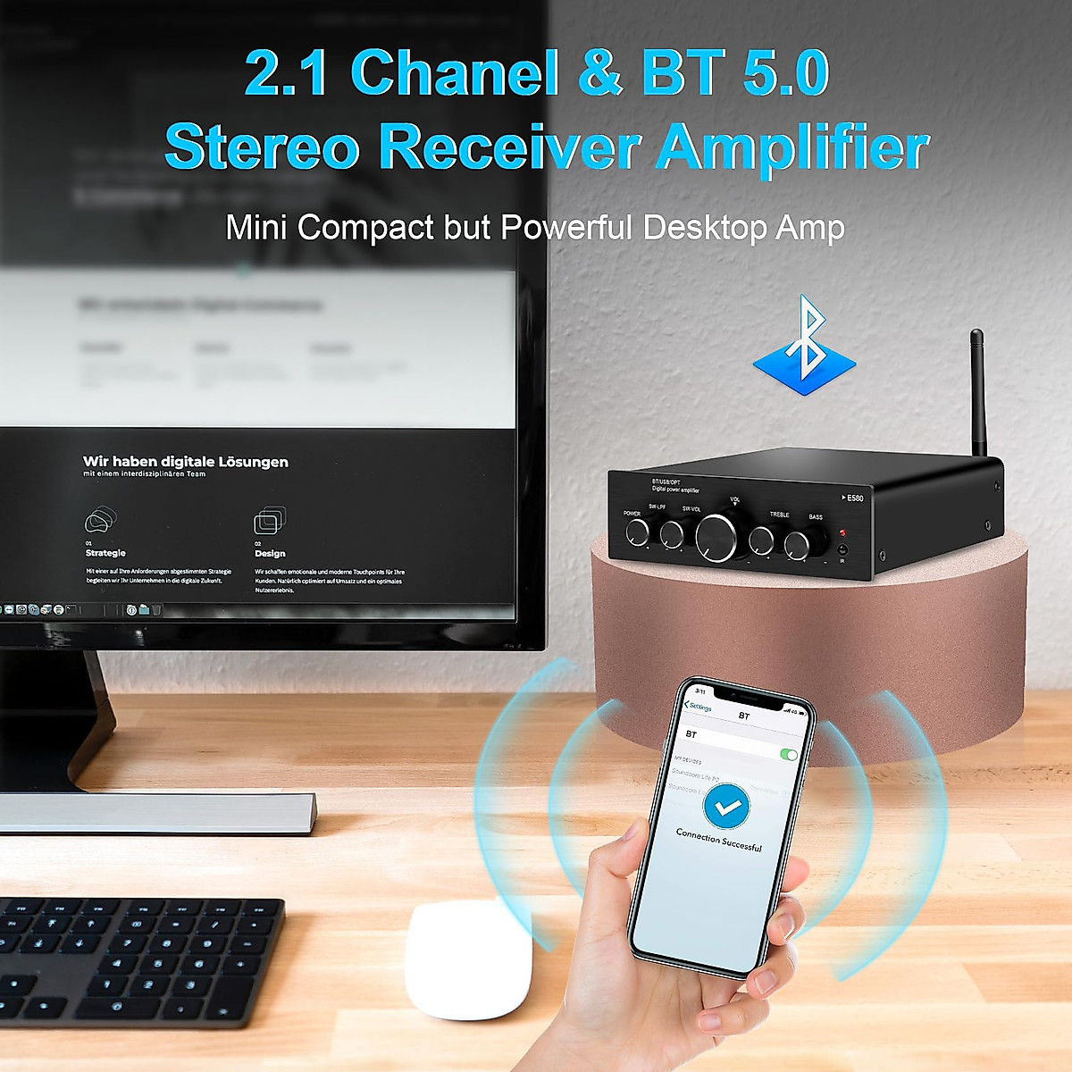 Daakro Stereo Audio Receiver Amplifier,100W Bluetooth 5.0 Mini Hi-Fi Audio Amp,2.1 Channel Amplifier Receiver with Bass and Treble Control for Home Outdoor Speakers/Subwoofer (with Power Supply)