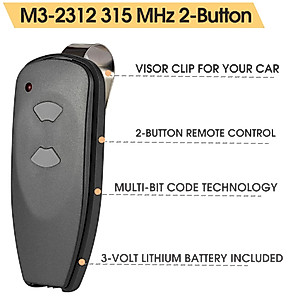 M3-2312 315 MHz 2-Button Garage Door Opener Remote Compatible with Marantec M4500e, M4700e, Martin DC3700, DC2500 with Sun Visor Clip, Gray, 2 Pack