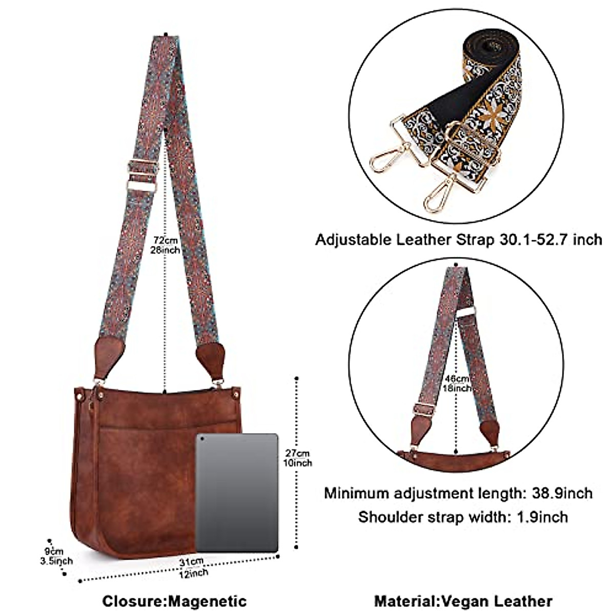 HKCLUF Crossbody Bags for Women Designer Vegan Leather Hobo Handbags With 2 Adjustable Boho Embroidery Guitar Strap Crossbody Bucket Purse(Dark Brown)