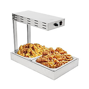 Restlrious French Fry Warmer Commercial Heat Lamp Food Warmer, Free Standing Electric Infrared Heating Dump Station, 500W Stainless Steel Food Warming Light w/2 Half Size Food Pan for Fries 4” Deep