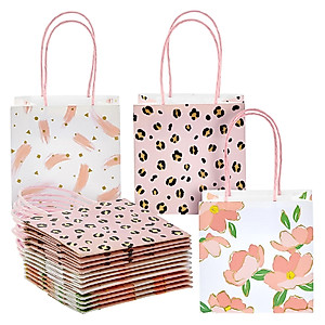 Sparkle and Bash Mini Gift Bags with Handles in 3 Pink Designs (5 x 5 x 3 in, 12 Pack)