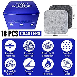 Premium Felt Coasters for Drink, Absorbent Felt Protects Furniture, Table, Desk 4x4 Inch by AA Wonders (Pack of 18, Square)