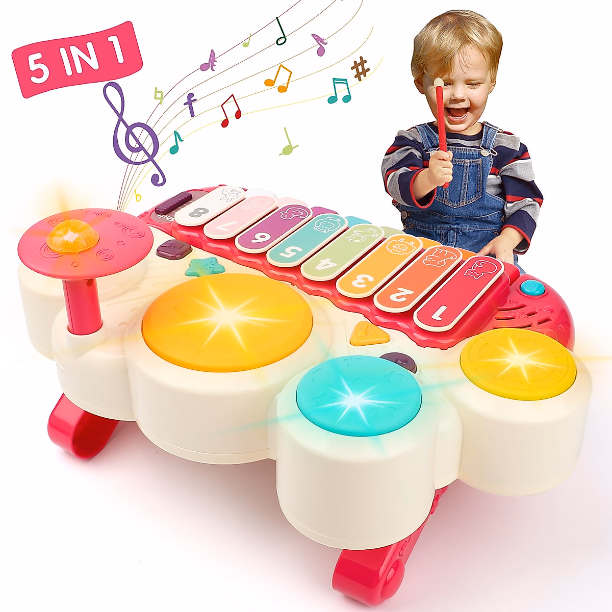 Popsunny Baby Musical Toys, 5 in 1 Toddler Drum Set Electronic Piano Keyboard Xylophone with Lights, Music Instruments Learning Toys Gifts for Boys Girls 1 2 3 Years Old