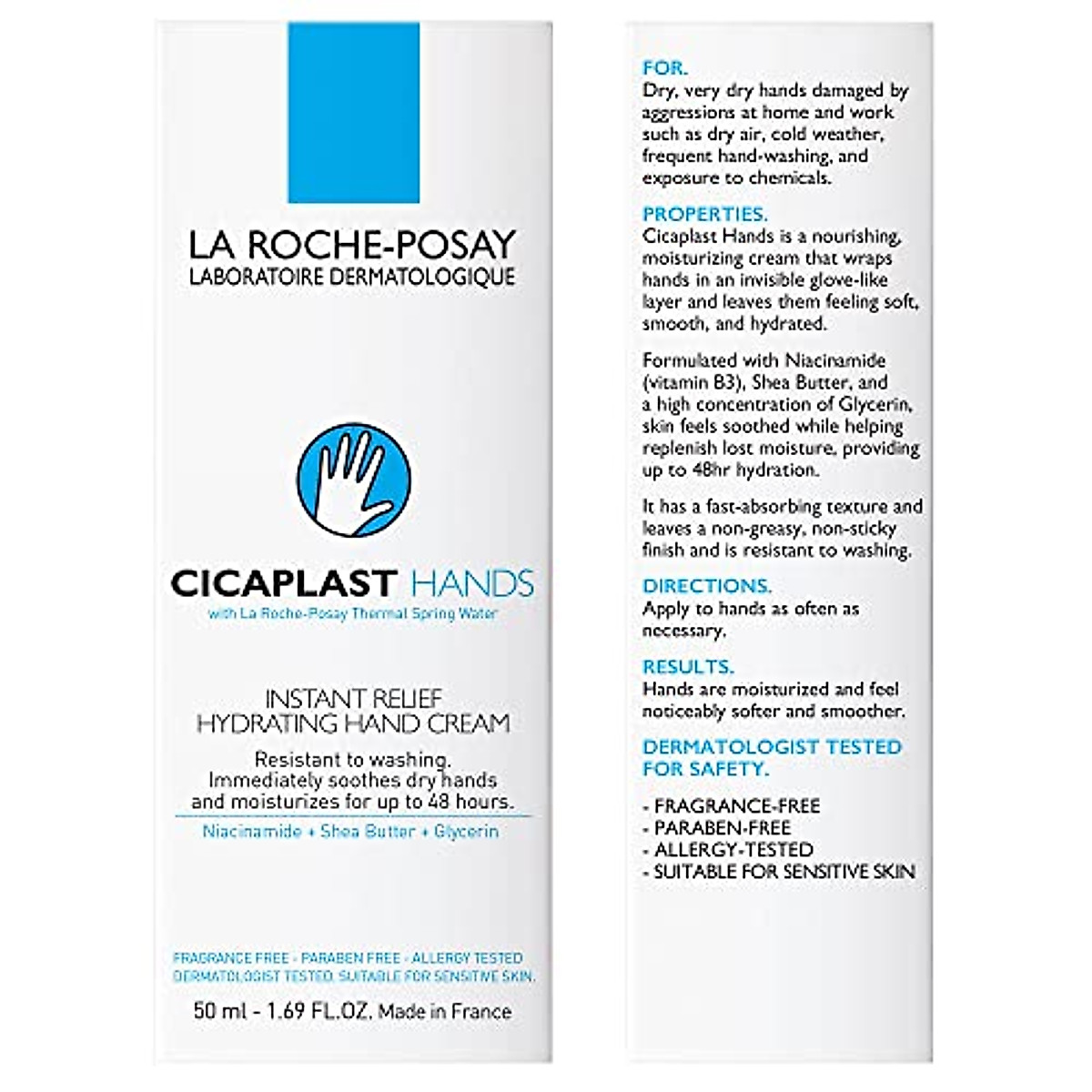 La Roche-Posay Cicaplast Hand Cream, Instant Relief Moisturizing Hand Lotion for Dry Hands, Shea Butter Lotion for Dry Cracked Hands, Non Greasy, Fragrance Free, 1.69 Fl Oz (Pack of 1)