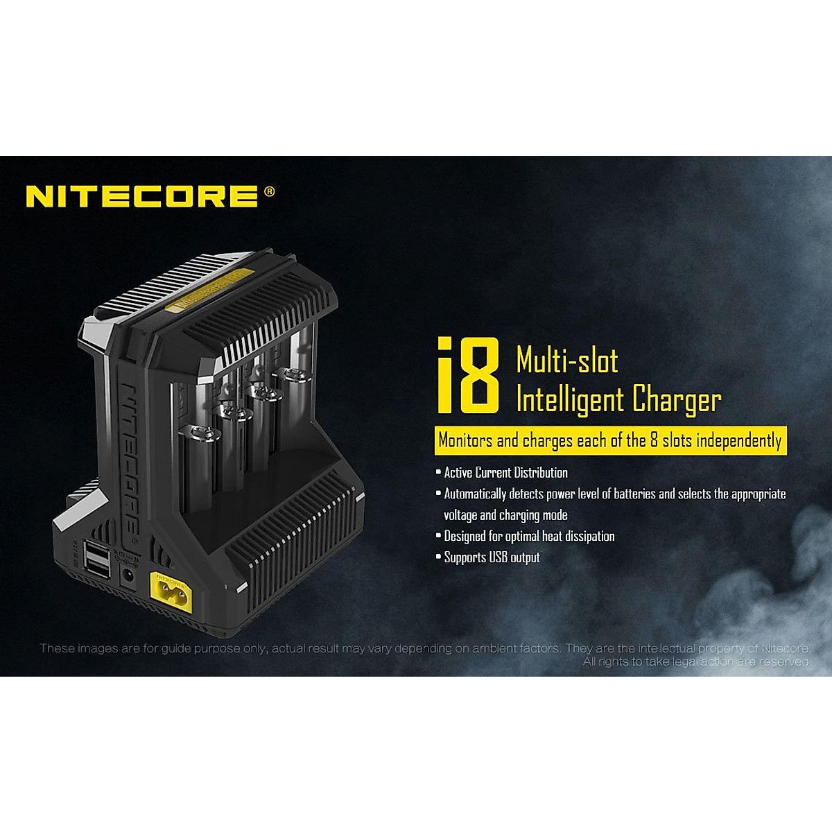 EdisonBright NITECORE i8 Eight Bays Smart Battery Charger for Li-ion/IMR/Ni-MH/Ni-Cd 26650 22650 18650 18490 18350 16340 RCR123 14500 AA AAA AAAA C D USB BBX3 Battery Carry case
