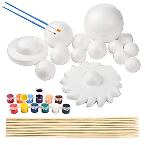 Pllieay Solar System Model Foam Ball Kit Includes 14PCS Mixed Sized Polystyrene Spheres Balls, 12PCS Bamboo Sticks, 12 Color Pigments, 2PCS Painting Brushes for School Science Projects